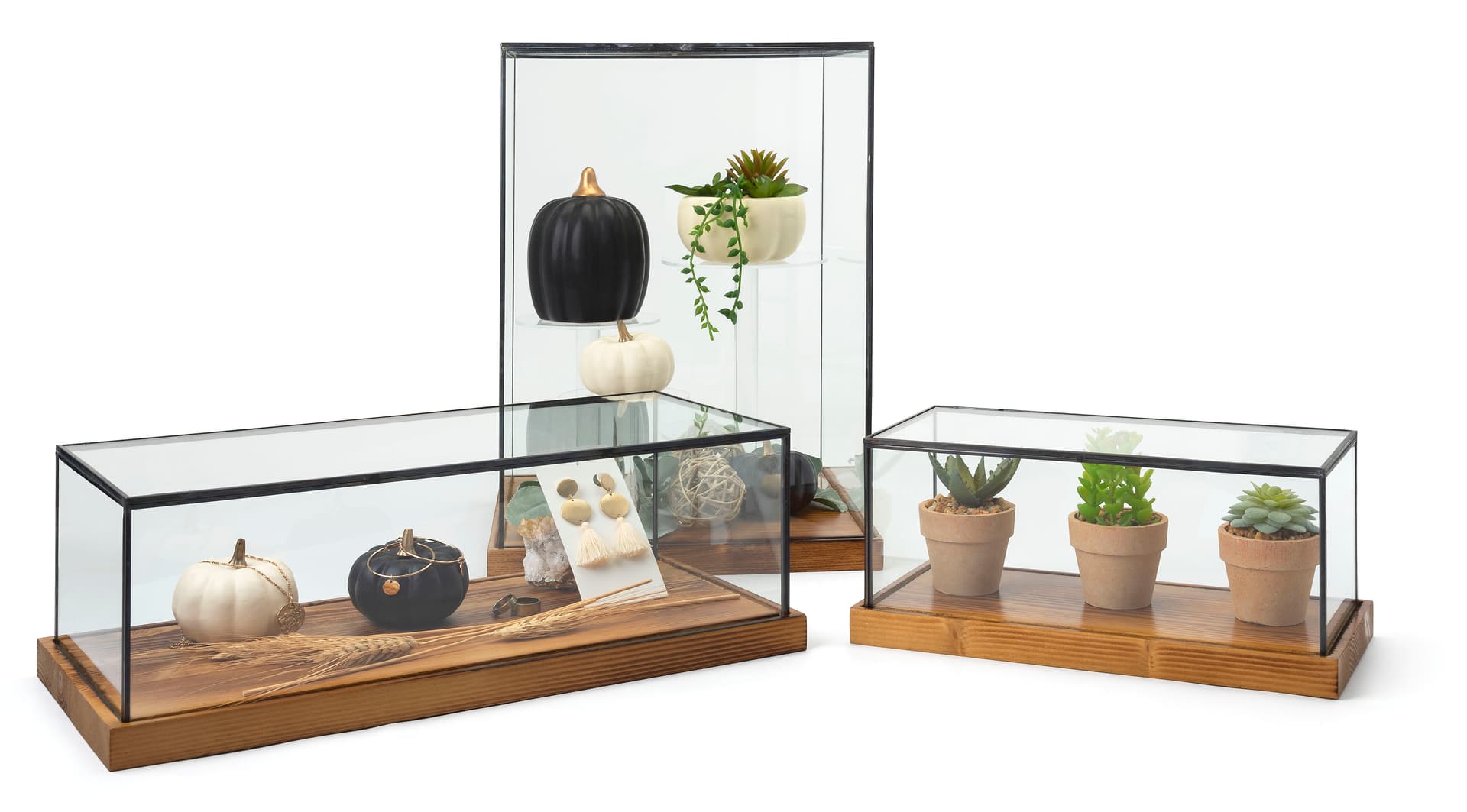 Tall Wood and Glass Countertop Display Case | Black Copper Frame ...