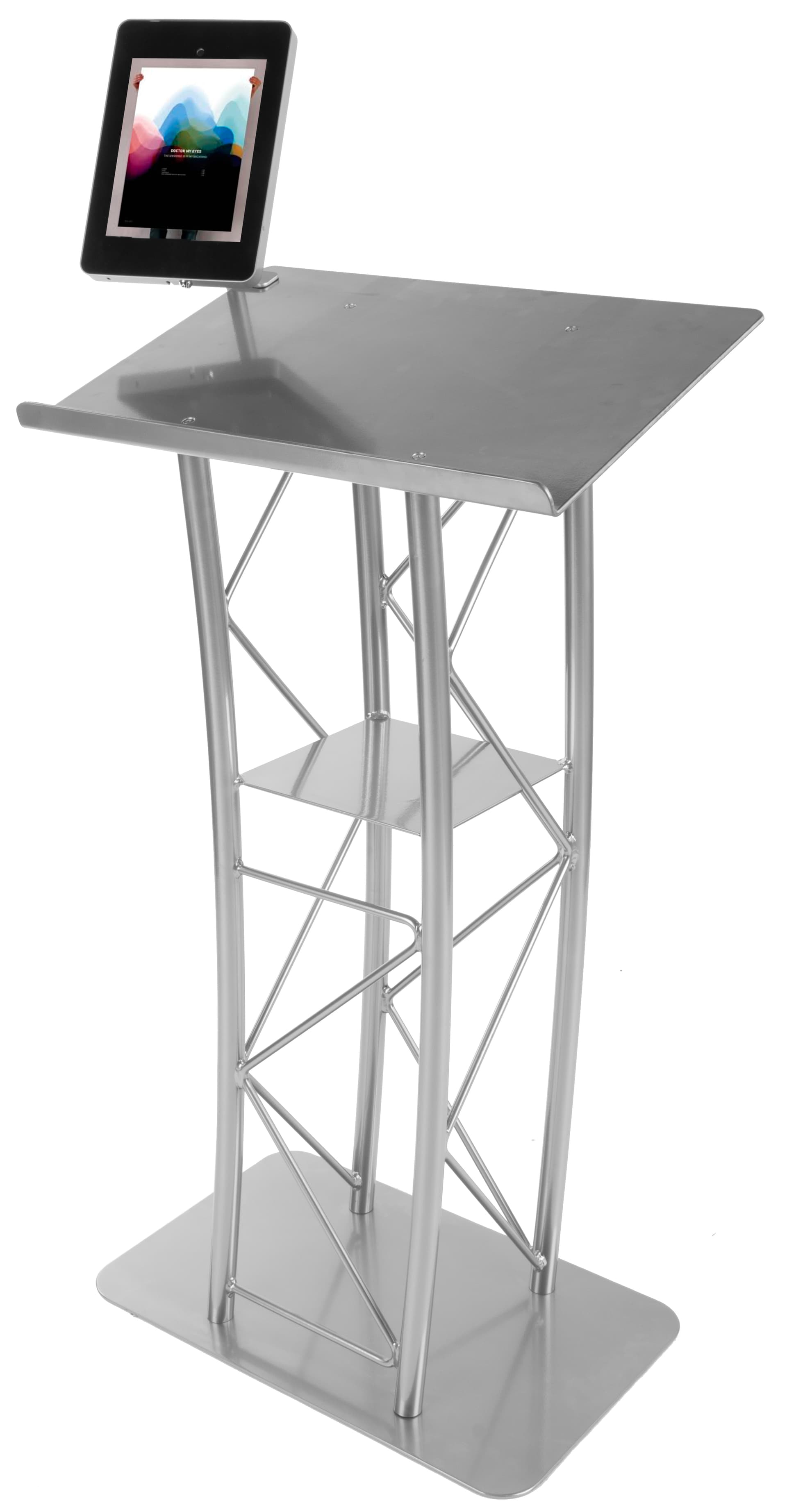 iPad Floor Lectern | Silver Truss Stand & Clamping Enclosure | Displays2Go